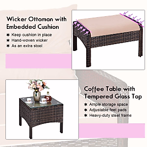 Tangkula Wicker Furniture Set 5 Pieces PE Wicker Rattan Outdoor All Weather Cushioned Sofas and Ottoman Set Lawn Pool Balcony Conversation Set Chat Set