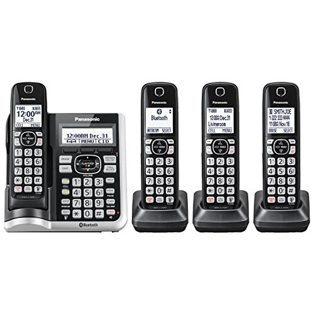 PANASONIC Link2Cell Bluetooth Cordless Phone System with Voice Assistant, Call Blocking and Answering Machine. DECT 6.0 Expandable Cordless System - 4 Handsets - KX-TGF574S (Silver)