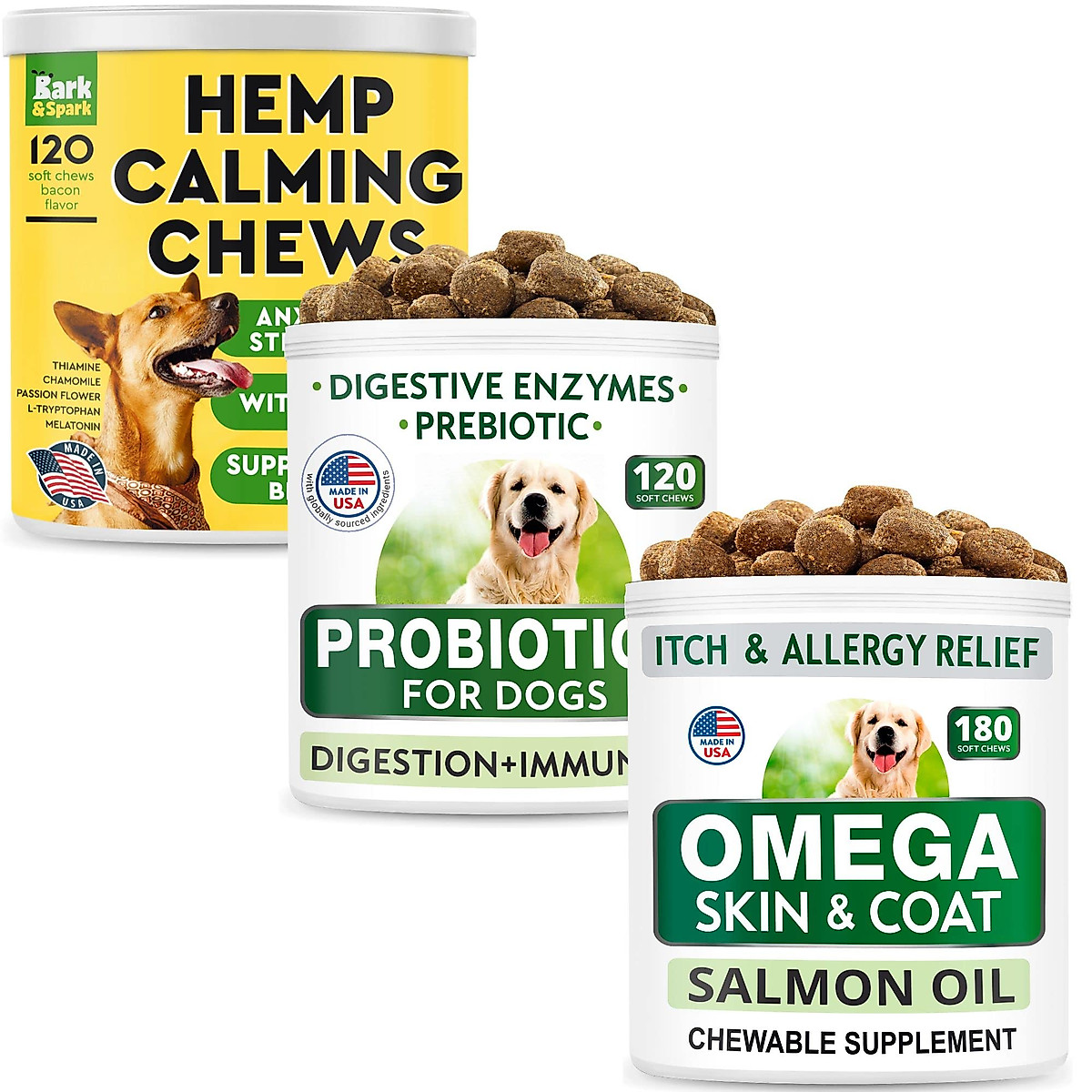 BARK&SPARK Combo of Dog Probiotics Chews + Calming Hemp Treats + Omega 3 Fish Oil Chews for Dogs - Anxiety Relief + Digestion and Immunity Support + Skin and Coat Supplement
