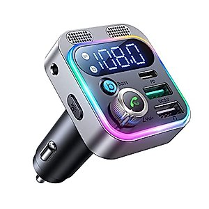 2022 Bluetooth 5.3 FM Transmitter for Car, JOYROOM [Stronger Dual Mics & HiFi Deep Bass Sound] , 48W PD&QC3.0 Bluetooth Car Adapter, Hands-Free Calling, Larger LED, AUX Output & U Disk
