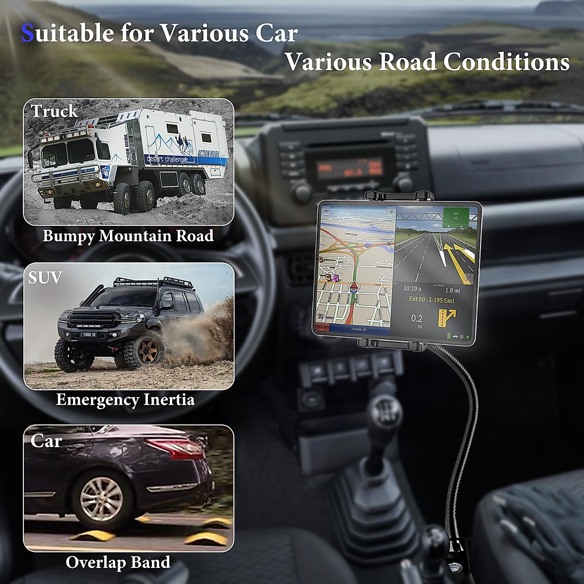 Kolasels Tablet Holder for Car or Truck Seat Rail Mount Long 19.7" Gooseneck Arm Heavy Duty Car Floor Tablet Stand for iPad Pro 12.9 Air Mini, Samsung Galaxy Tab, iPhone, More 4-13" Phones & Tablets