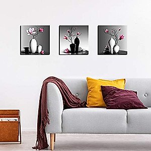 Nachic Wall - Flower Wall Art for Bathroom Elegant Pink Orchid Picture Canvas Painting Prints Modern Home Decor Zen Stones Magnolia Floral Artwork Framed Ready to Hang Set of 3
