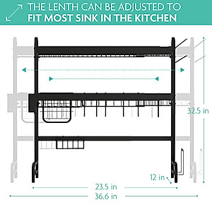 Over Sink Dish Drying Rack, Trustmade 3 Tier Full Stainless Steel Large Storage Adjustable Dish Rack (23.5''-36.6''), Expandable Kitchen Dish Drainer Shelf Rack with Hooks, Utensil Holder(Matte Black)