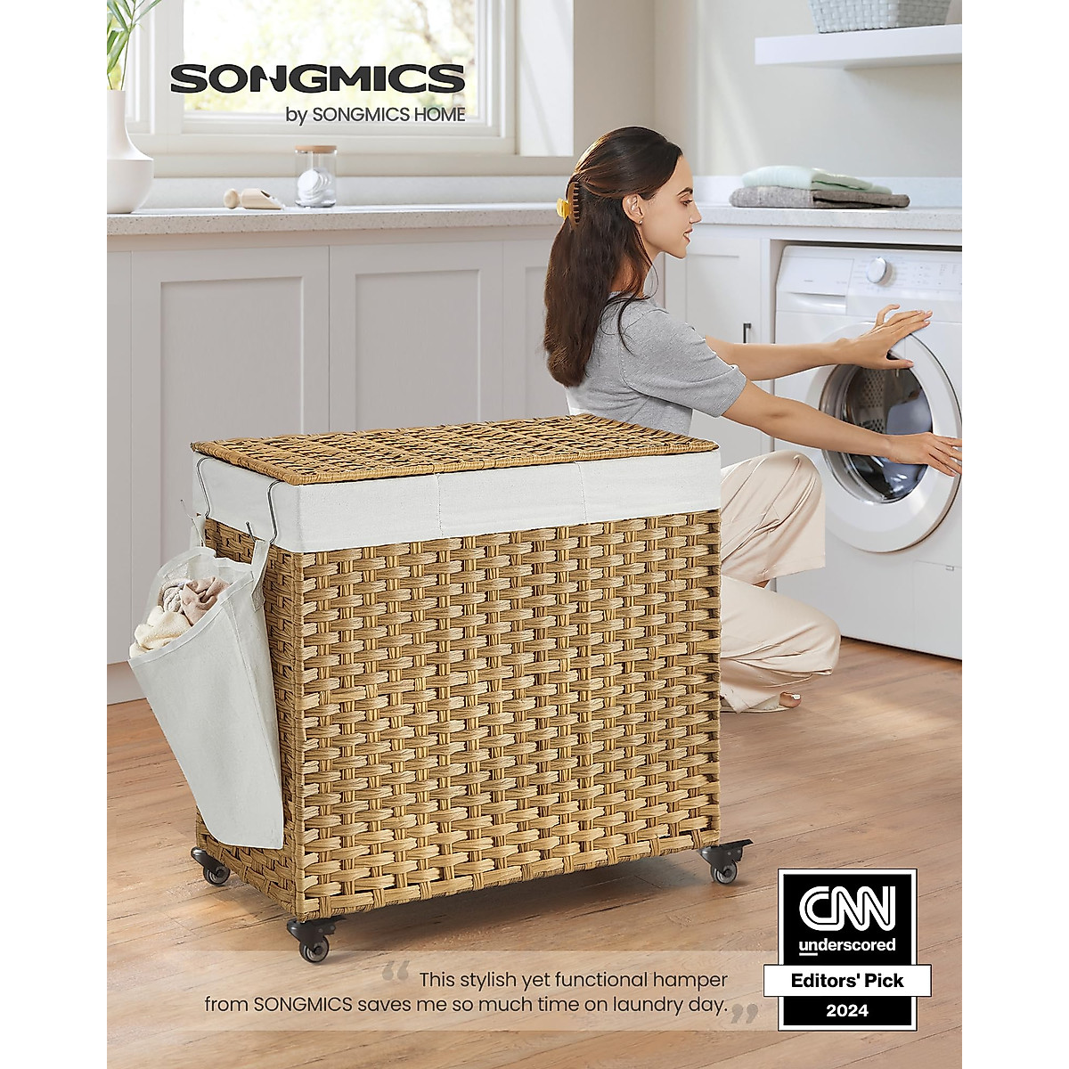 SONGMICS Laundry Hamper with Lid, 42.3 Gallons (160 L), Rolling Laundry Basket with Wheels, 3-Section Synthetic Rattan, Removable Liner, Bedroom, 27.6 x 14.2 x 26 Inches, Natural ULCB365N01