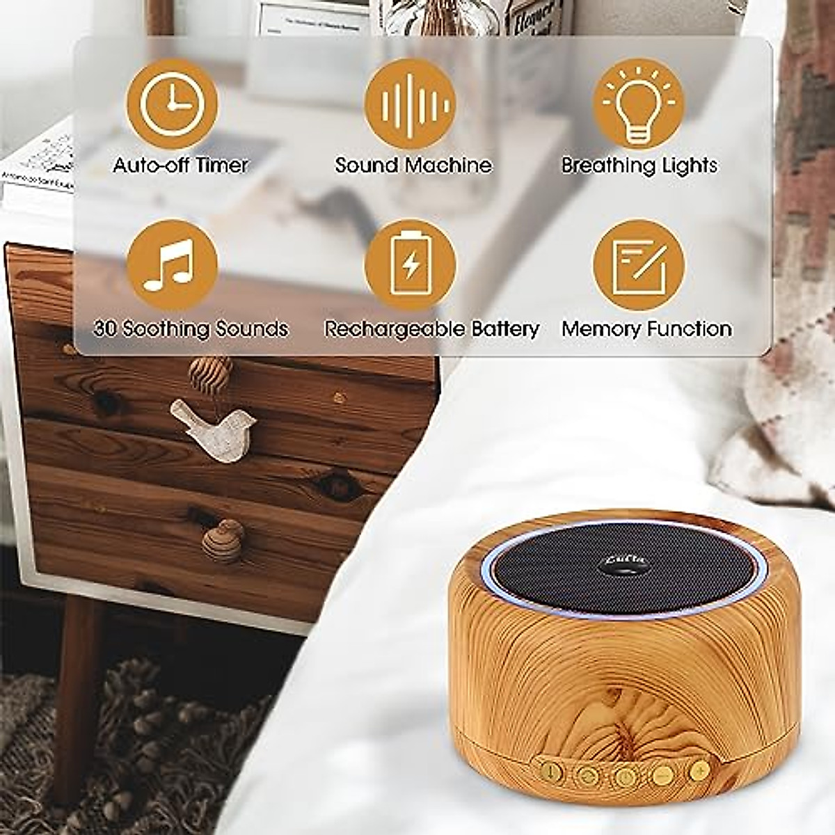 White Noise Machine,Baby Sound Machine with 6 Breathing Lights for Baby Kids Adult Sleeping & Nursery 30 Soothing Natural Sounds Timer & Memory Function Wood Grain Portable for Travel