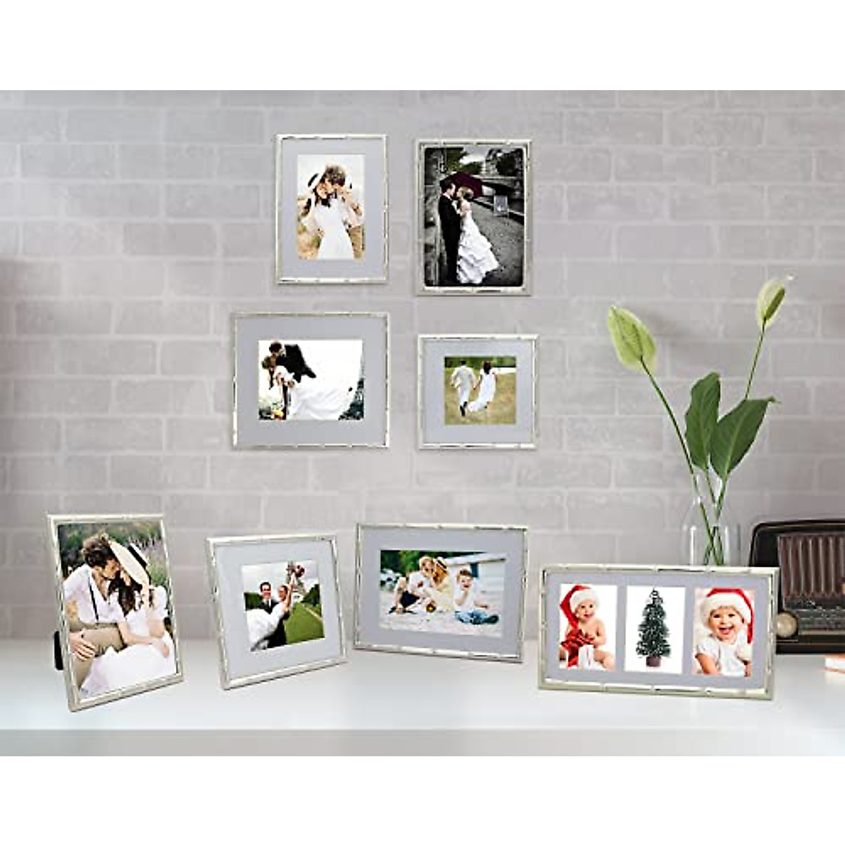 8x10'' Bamboo Detail Designs Silver Metal Picture Frame with Mat for 5x7'' Set of 2, Narrow Silver Plated Photo Frames 5 x7'' With Soft Touch Velvet Backing for Desktop and Wall Décor(Silver)