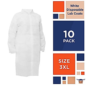 EZGOODZ White Disposable Lab Coat 3X-Large, Pack of 10 Disposable Lab Coats for Adults, Breathable PP 35 GSM Painting Lab Coat Disposable with Elastic Wrists, Loop Fasteners, Unisex PPE Coat No Pocket