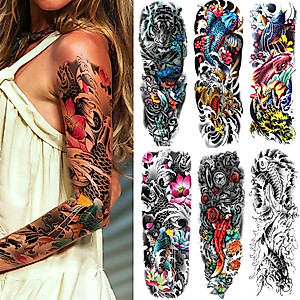 Fake Fish Sleeve Tattoo Stickers 6-Sheet Full Arm Fish Flower Temporary Tattoos Sleeves for Adult Kids Women Makeup