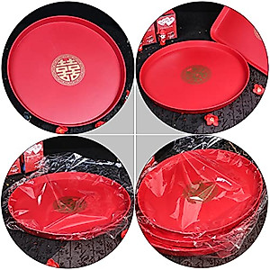 jojofuny Chinese Wedding Serving Tray Platter: Red Fruit Plate Round Tea Tray Large Plastic Snack Dishes for Chinese Traditional Wedding Decoration Supplies