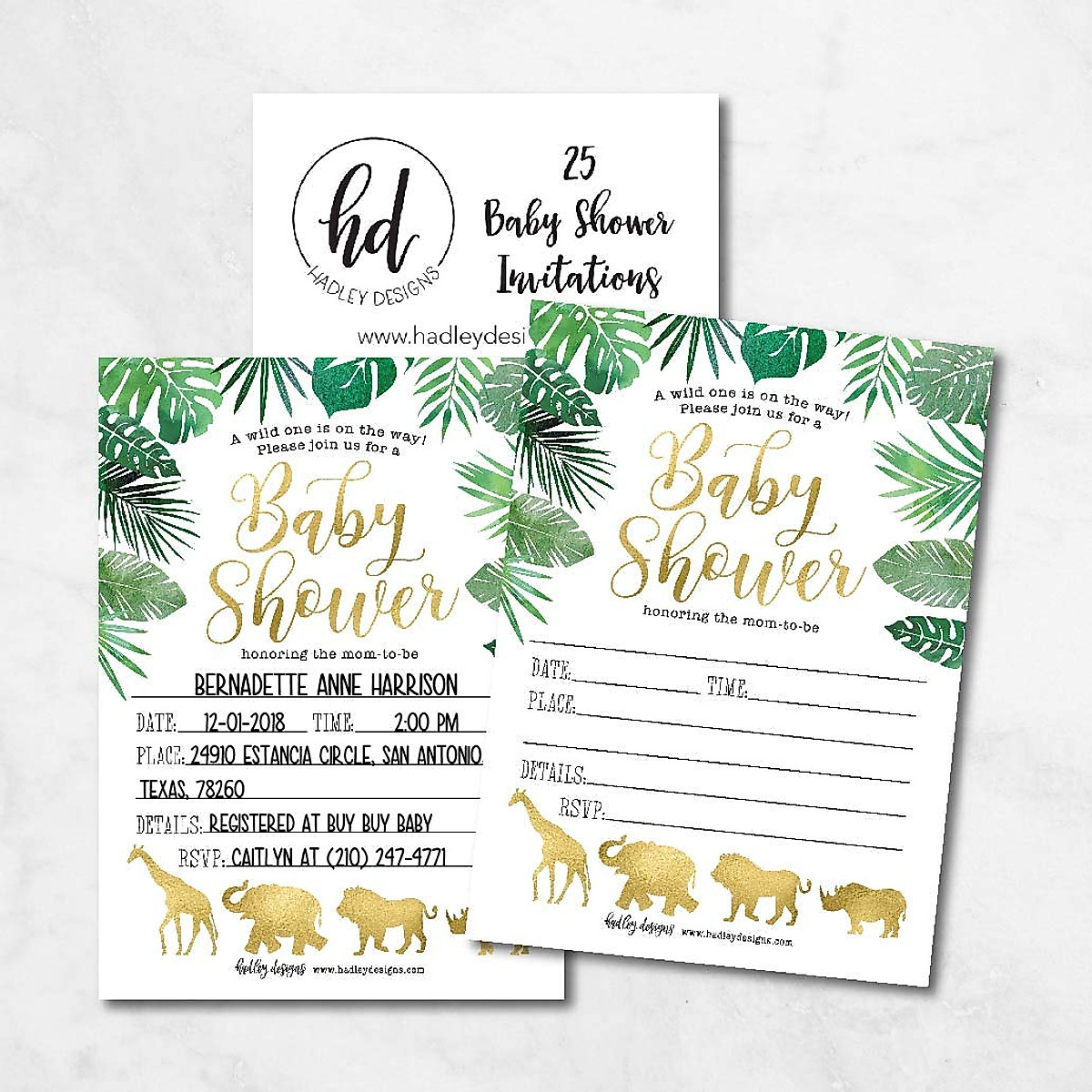 25 Safari Baby Shower Invitations, Sprinkle Invite for Boy or Girl, Gender Neutral Reveal Jungle Animal Theme, Cute Printed Fill or Write In Blank Printable Card, Coed Twin Party Stock Paper Supplies
