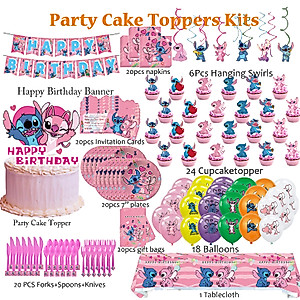 186PCS Pink Sitch Birthday Decorations for 20 Guests, and Stitch theme Party Supplies Party Decorations For Kids Boys Girls Baby Shower Includes Birthday Banner, Cake Topper, cupcake toppers, Tablecloth, Plates, Cake Topper, Invitation cards
