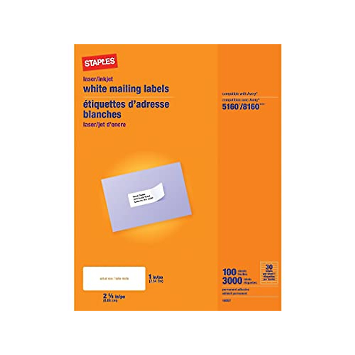 Staples White Inkjet/Laser Address Labels, 1" X 2-5/8", 3,000/Box