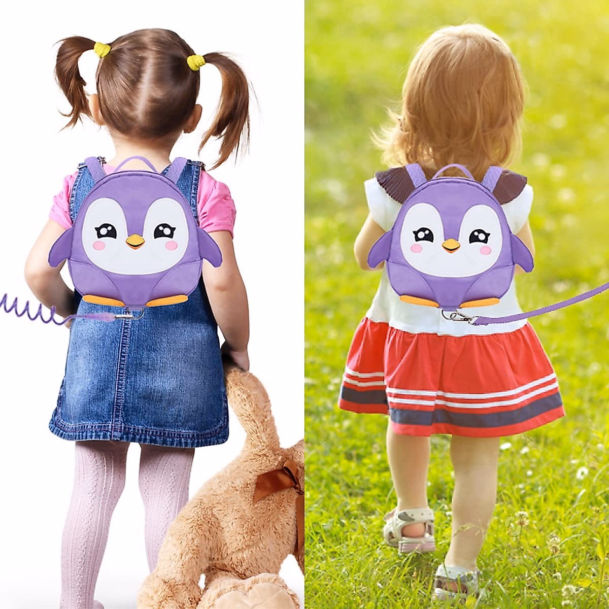 EPLAZA Toddler Leashes Penguin-Like Backpacks with Anti Lost Wrist Link Wristband for 3 to 5 Years Kids Girls Boys Safety (Penguin Light Purple)