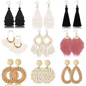 TOSGMY 9-12 Pairs Rattan Earrings for Women Handmade Boho Tassel Earrings Lightweight Acrylic Earrings Set (D)