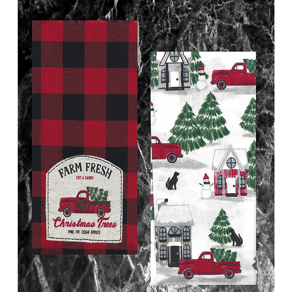 St. Nicholas Square Kitchen Hand Towels, Set of 2, Farm Fresh Christmas Trees Appliqued Embroidery Red Truck, Red and Black Buffalo Plaid Flat Cotton Dishtowels for Home Decorating