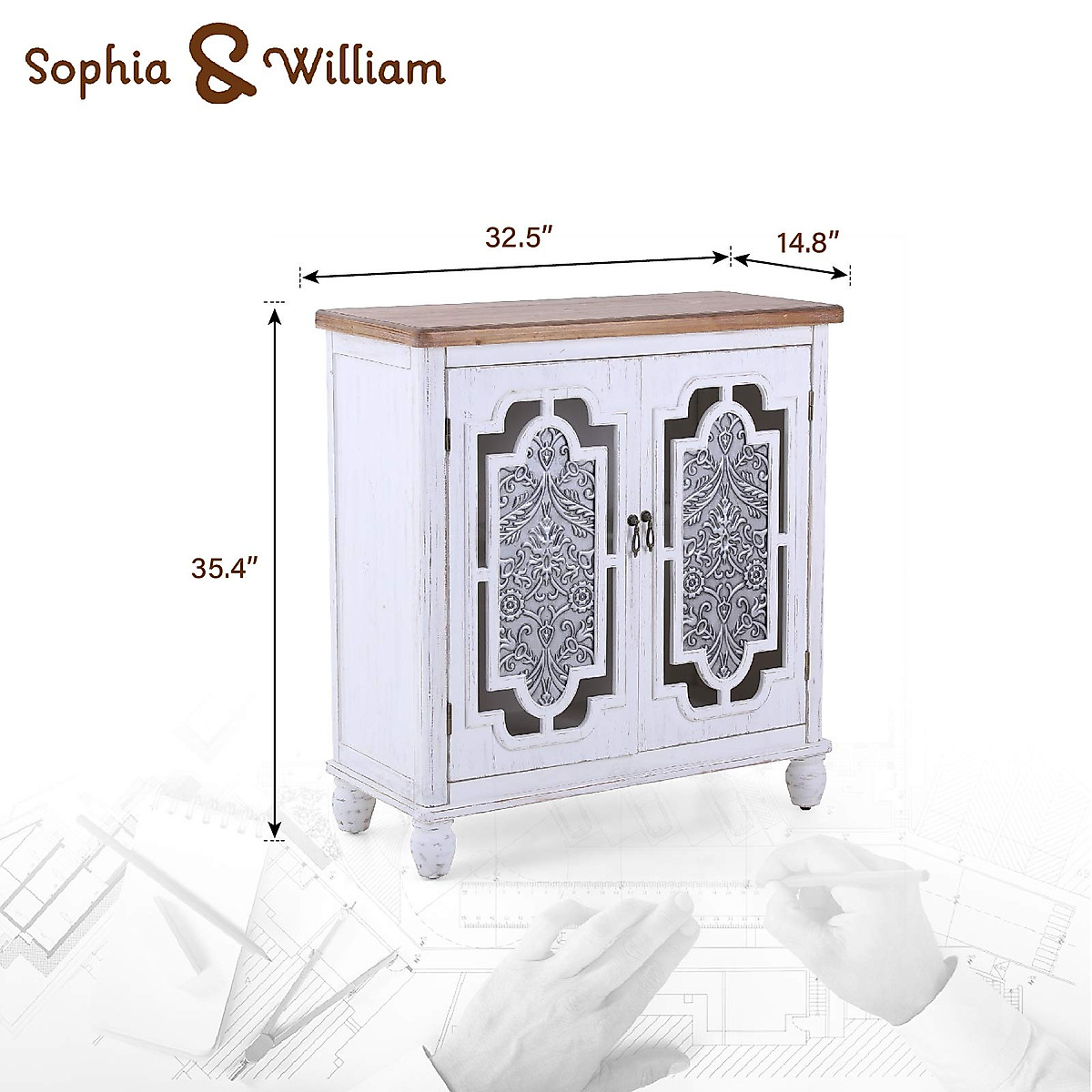 Sophia & William Accent Storage Cabinet with Wood Frame and Iron Embossed Painted Door, Distressed Floor Cabinet for Entryway Living Room