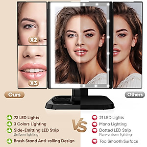 Trifold Makeup Vanity Mirror with Lights - 3 Color Lighting Modes 72 LED, Touch Control Design, 1x/2x/3x Magnification, Portable High Definition Cosmetic Lighted Up Mirror (Black)