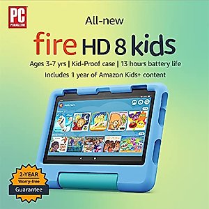 All-new Amazon Fire HD 8 Kids tablet, 8" HD display, ages 3-7, includes 2-year worry-free guarantee, Kid-Proof Case, 32 GB, (2022 release), Blue