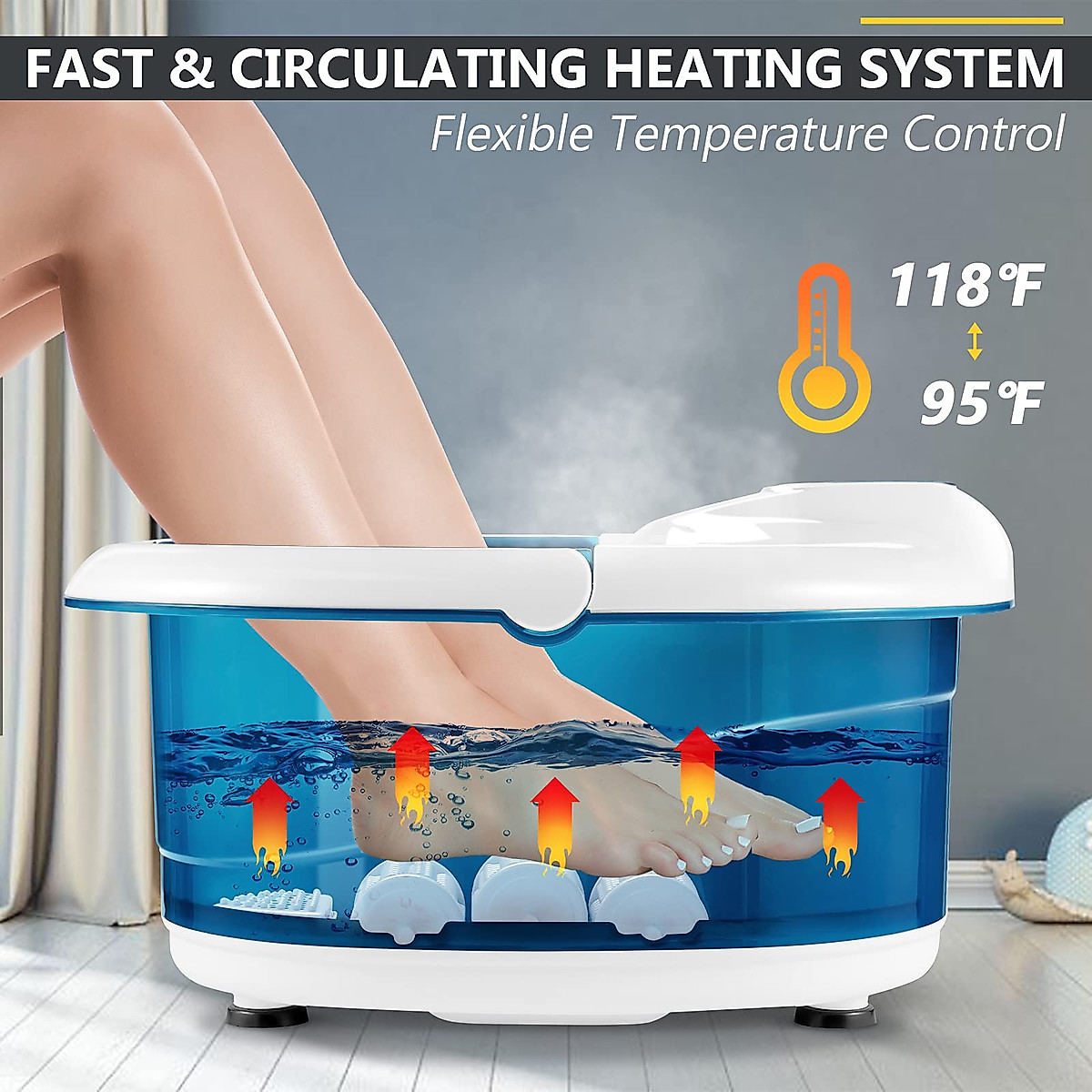 COSTWAY Foot Spa/Bath Massager, with Heat & Bubbles & 6 Electric Massage Rollers, Circulating Heating System, Temperature & Time Control, Foot Tub Soaking for Fatigue Release, Home Use (Blue)