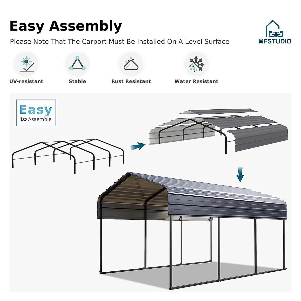 MFSTUDIO Carport 10 x 15 FT Heavy Duty Canopy, Outdoor Metal Car Port with Side Walls, Garage Car Shelter Shade with Galvanized Steel Roof, Frame and Bolts for Car, Truck and Boats