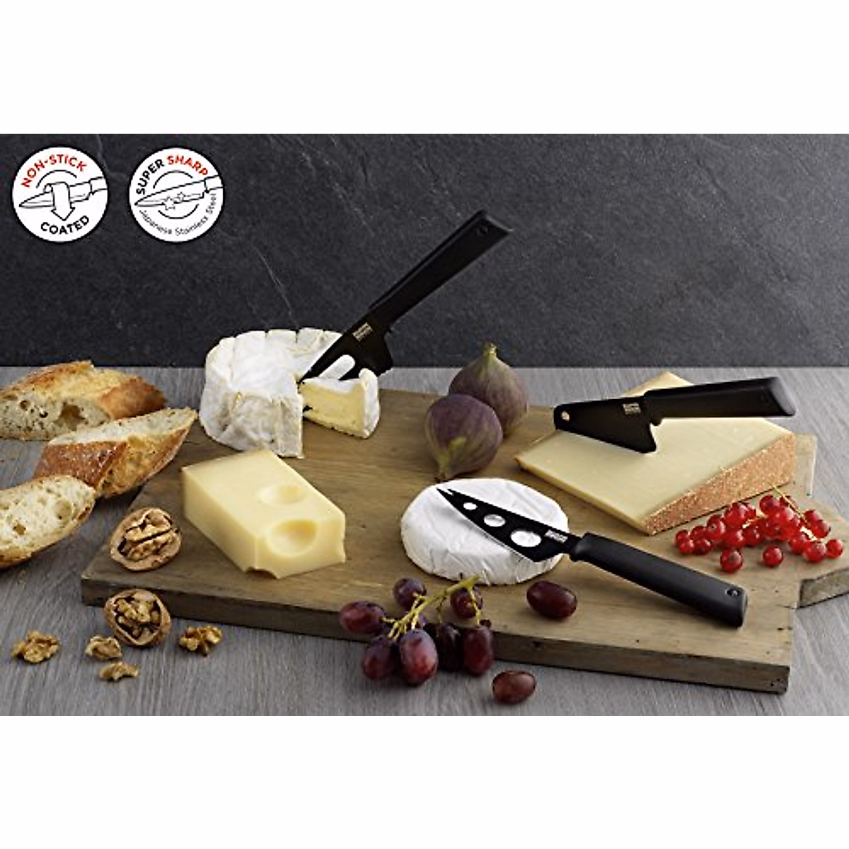 Kuhn Rikon COLORI+ Non-Stick Cheese Knife Set with Safety Sheaths, Set of 3, Black