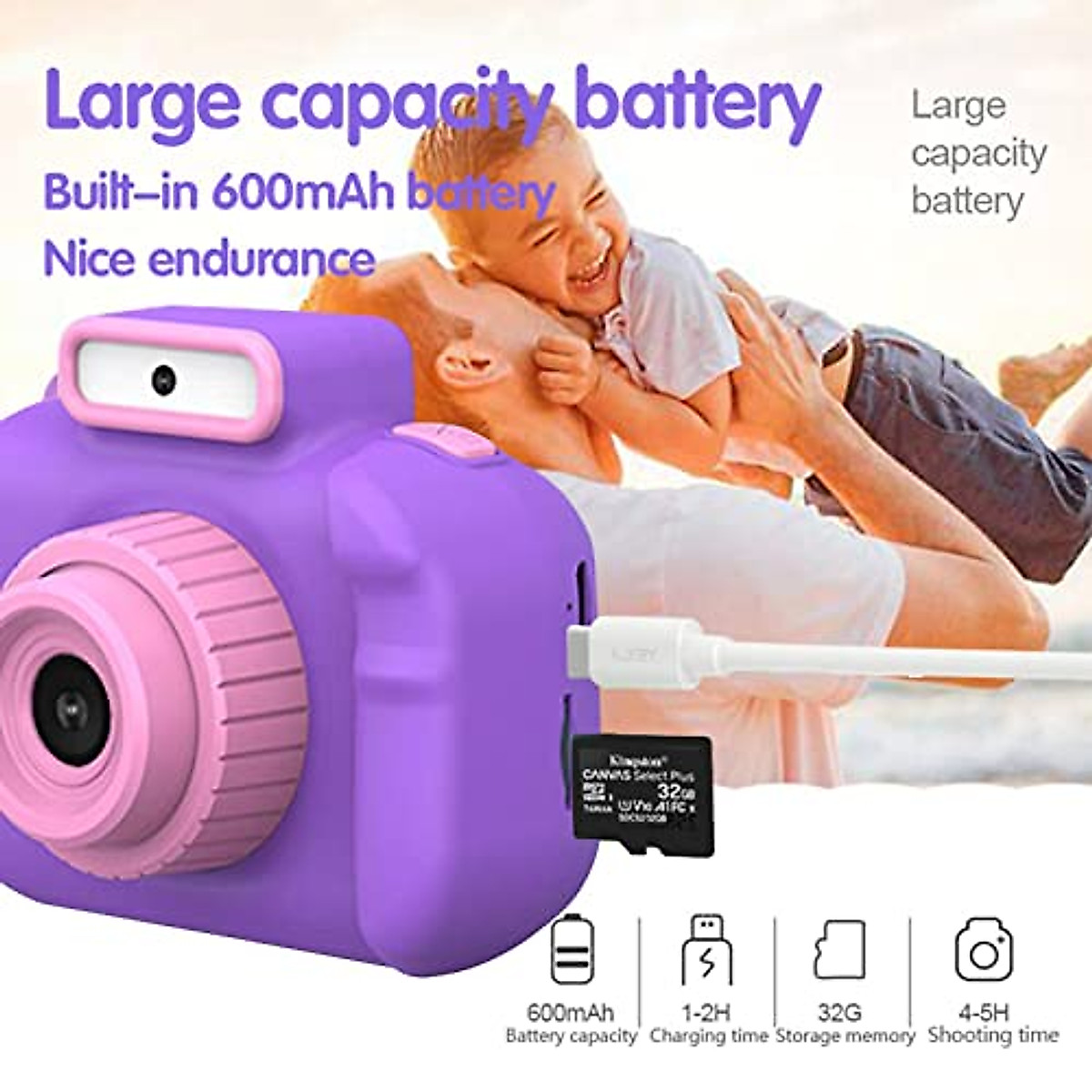 Leutsin Upgrade Kids Selfie Camera,Digital Camera for Kids Toy Gift, 4800 W Front and Rear 1080P HD Children's Digital Camera, Video and Games, with Flashlight, 800mah Battery (Purple)
