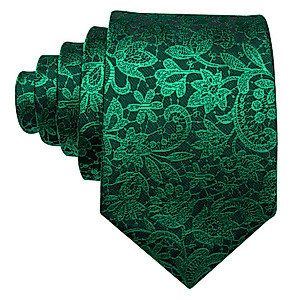 Barry.Wang Emerald Green Ties Silk Flower Paisley Necktie for Men Set Wedding St. Patrick's Day