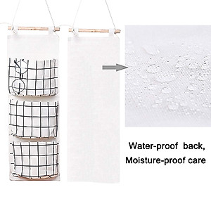 2 Pcs Dndo Wall Door Closet Hanging Storage Bag, Over The Door Closet Organizer with 3 Pockets, Linen Cotton Fabric Hanging Storage Pouches for Bedroom Bathroom- Waterproof & Stylish (Gray/White)