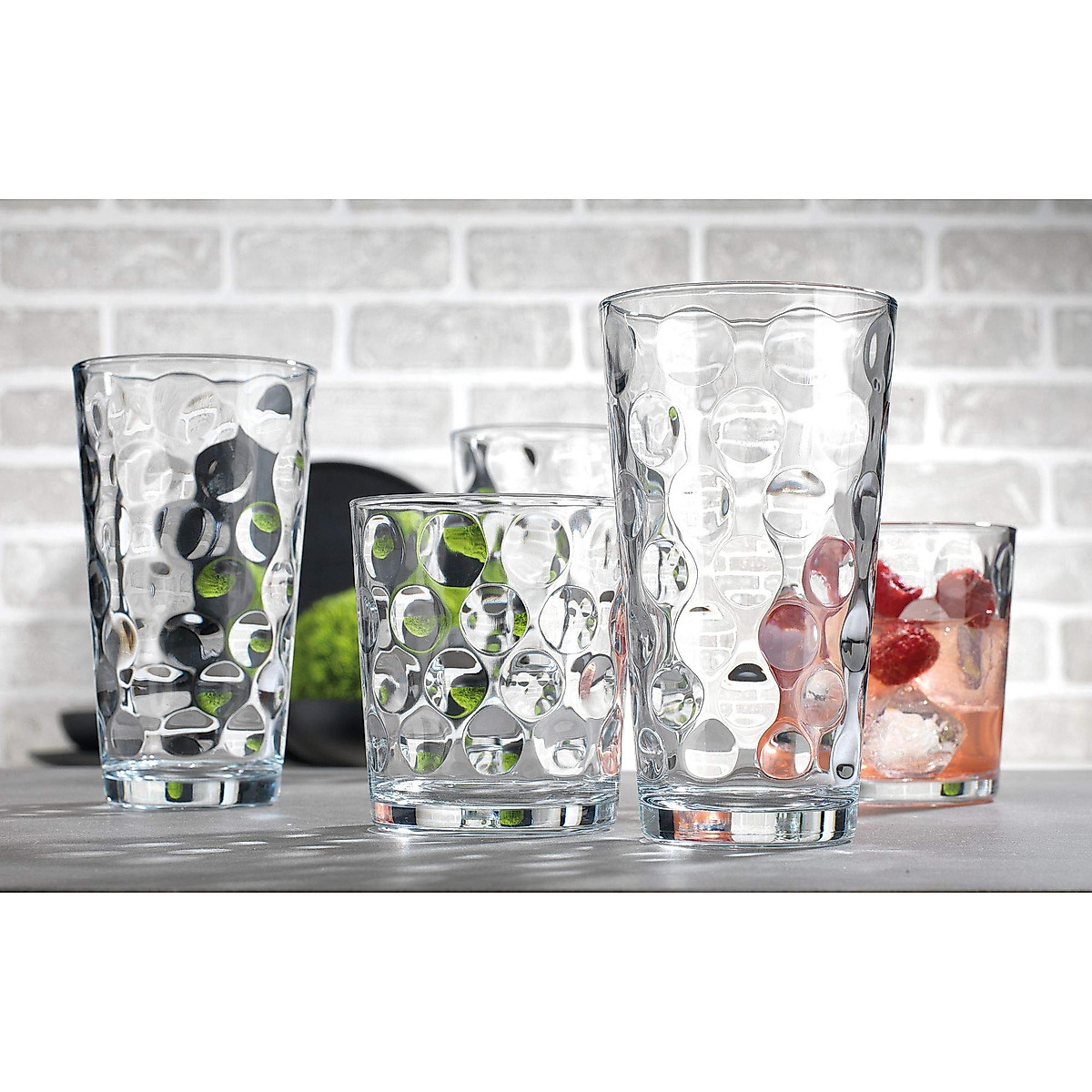 Attractive Durable Drinking Glasses, Set of 16 Clear Glass Cups, 8 Highball Glasses (16oz) 8 Rocks Glasses (13oz), Bubble Design Glassware Set for Water, Juice, Beer, Wine, and Cocktails