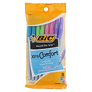BIC Round Stic Grip Xtra Comfort Fashion Ballpoint Pens, Assorted Fashion Colors, Pack of 8