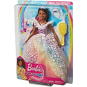 Barbie Dreamtopia Royal Ball Princess Doll, Brunette Wearing Glittery Rainbow Ball Gown, with Brush and 5 Accessories, Gift for 3 to 7 Year Olds