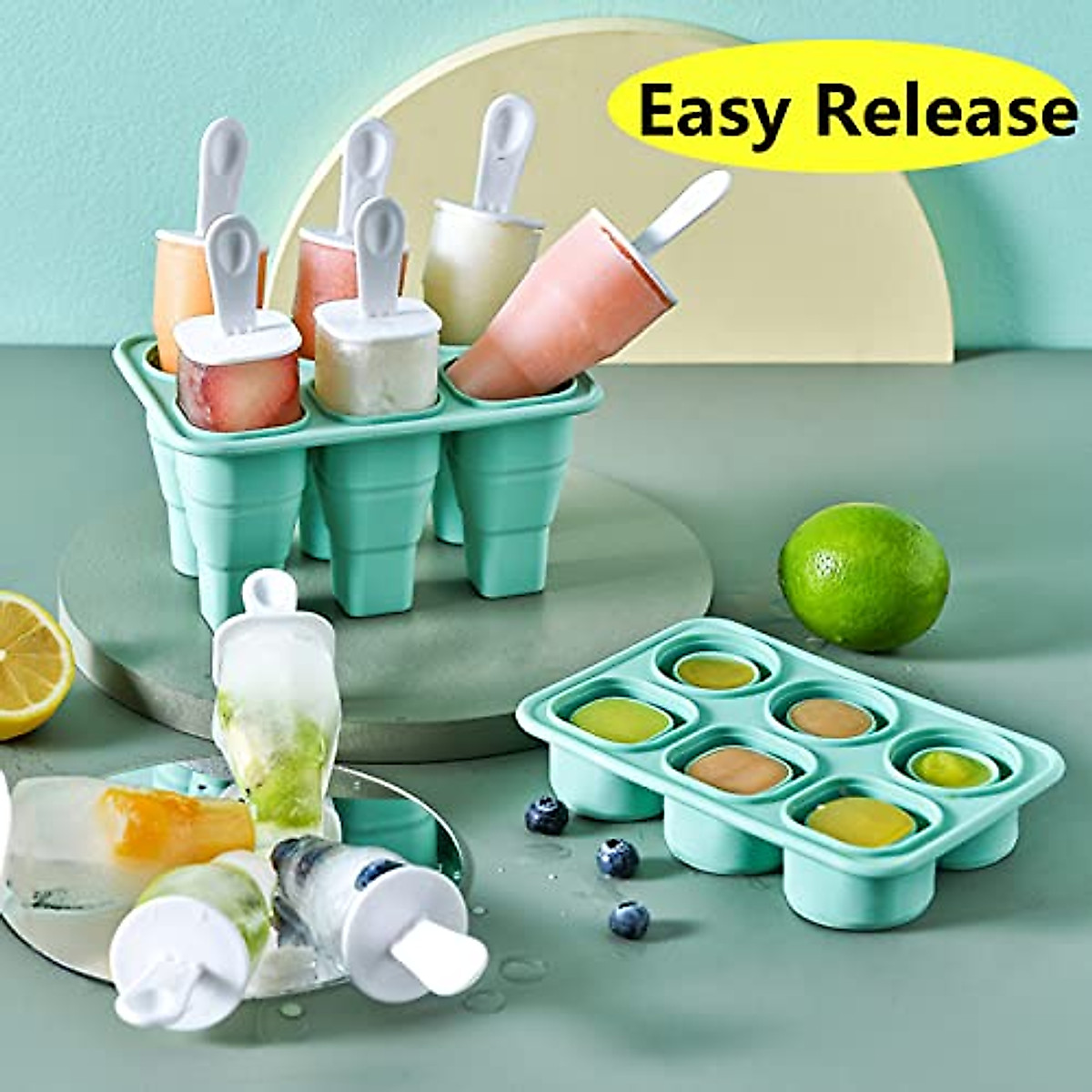 Popsicle Molds,Collapsible Popsicle Molds,6 Pieces Silicone Ice Pop Molds BPA Free Reusable Easy Release Ice Pop Make,Two Functions Ice Cube Trays (Green)