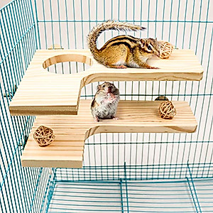 2 Pieces Hamster Wooden Platform Set, L-Shaped Pedal Wooden Platform & L-Shaped Round Hole Wooden Platform with 8 Piece Sepak Takraw Chew Toys, Gerbil Chinchilla Guinea Pigs Parrot Stand Perch (H01)
