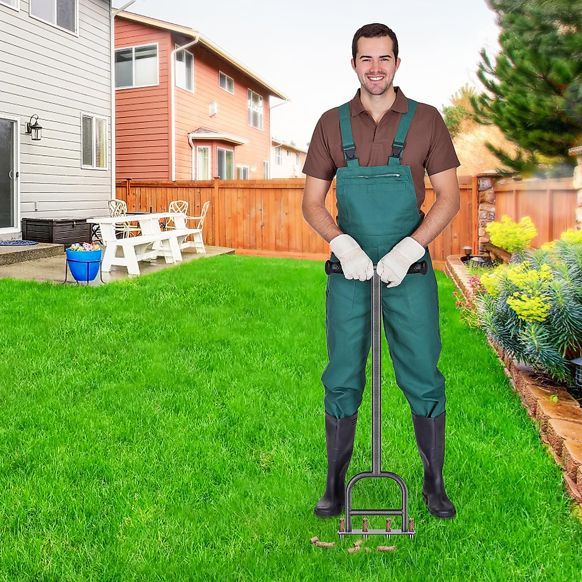 Dolibest Lawn Coring Aerator, Stainless Steel 4 Corer Plug Aerator Tool with Soft Rubber Grip, Manual Grass Aerating Tool, Garden Tool & Cleaning Hand Tool for Loosening Soil and Improving Lawn Health