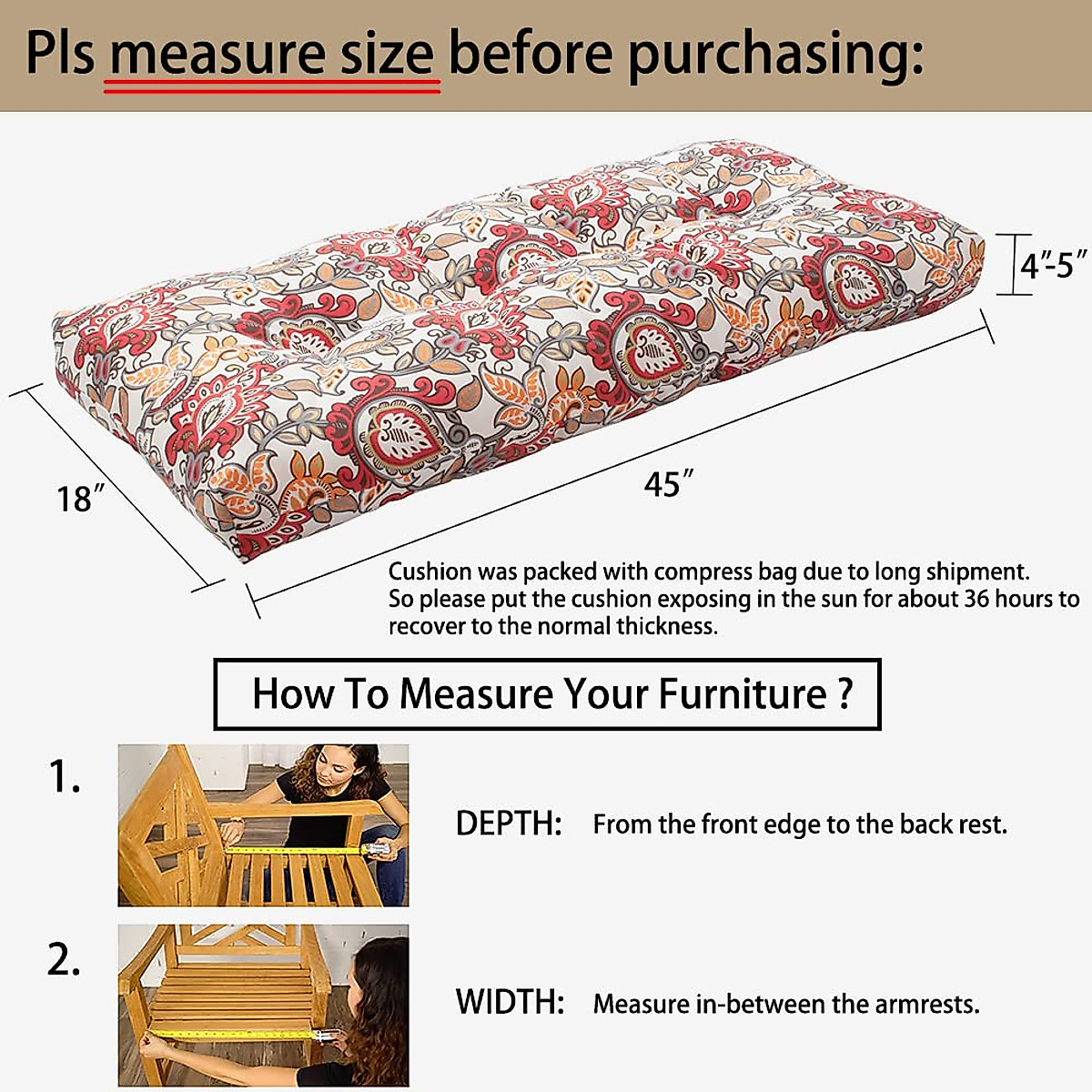 Magpie Fabrics Patio Bench Cushion 45"x18", Indoor/Outdoor Non-Slip Water Resistant Long Seat Pads, Tufted Loveseat Cushion for Swing, Settee, Window, Garden, Wicker, Front Porch (Botanical Red)