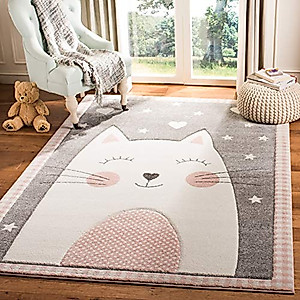 SAFAVIEH Carousel Kids Collection Accent Rug - 4' x 6', Pink & Grey, Cat Design, Non-Shedding & Easy Care, Ideal for High Traffic Areas for Boys & Girls in Playroom, Nursery, Bedroom (CRK134P)