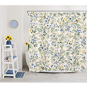 LB Country Wildflower Shower Curtain Decor,Blue and Yellow Floral Green Leaf Plant on Beige Shower Curtain for Bathroom 72X72 inch Polyester Fabric Bathroom Decoration Bath Curtains Hooks Included