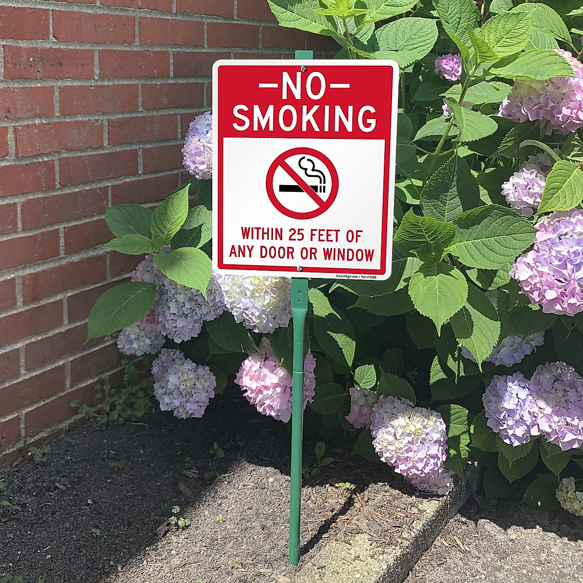 SmartSign 12 x 10 inch “No Smoking Within 25 Feet Of Any Door Or Window” LawnBoss Yard Sign with 3 foot Stake, 40 mil Laminated Rustproof Aluminum, Red, Black and White, Set of 1, Made in USA