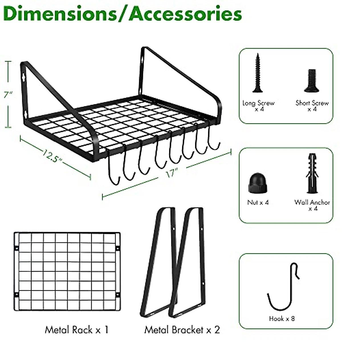 Felibeaco Hanging Pot Rack,Wall-Mounted Pots and Pans Organizer Rack with 8 Removable Hooks, Kitchen Wall Organizer Storage Shelf for Pan Set, Utensils, Cookware, Books, Household 2 DIY Methods,Black