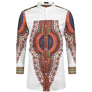 COOFANDY Men's African Dashiki Print Shirt Long Sleeve Button Down Shirt Bright Color Tribal Top Shirt White