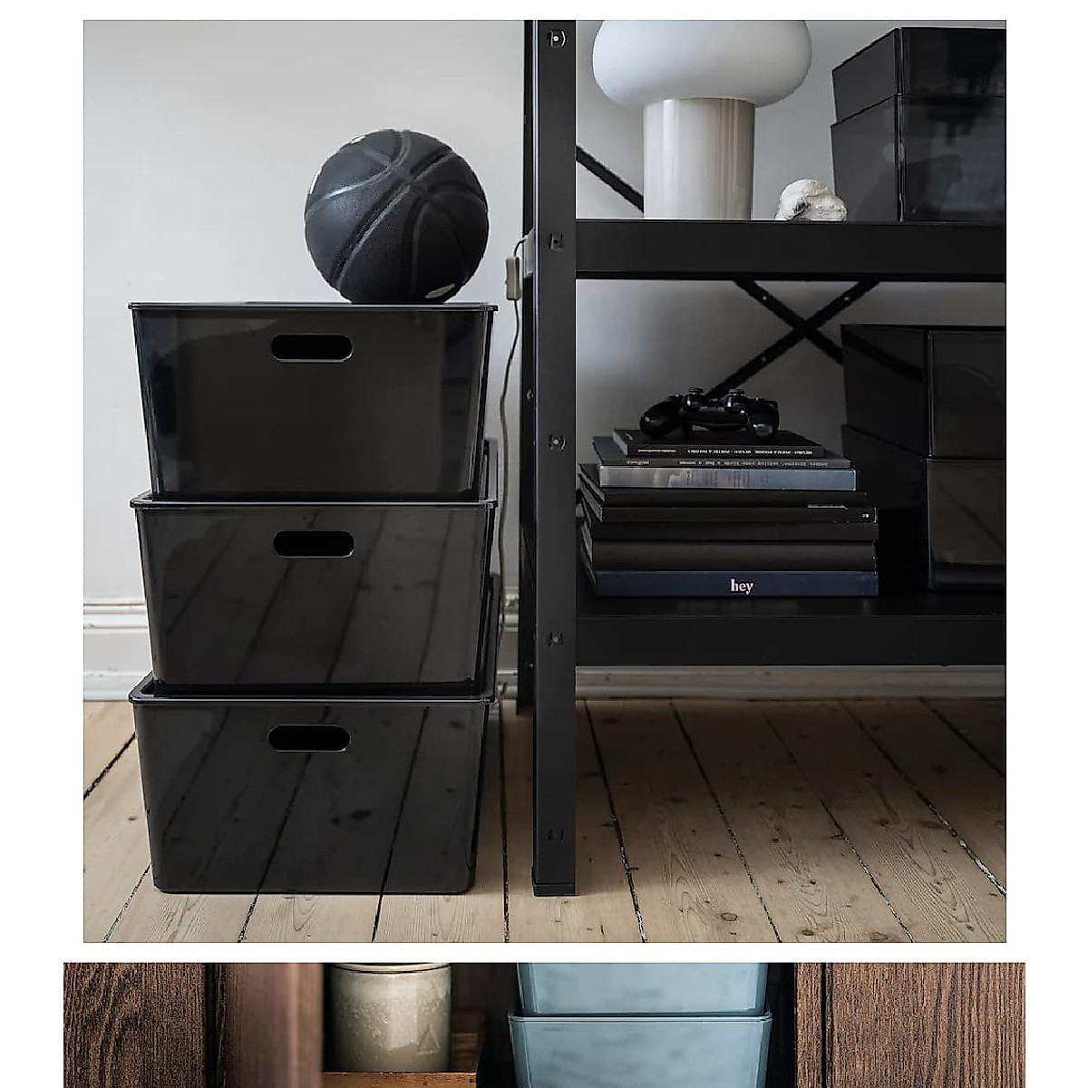 KUGGIS Box with Lid, Transparent Black, 14 ½x21 ¼x8 ¼ " Large Stackable Storage Containers Paper & Media Baskets