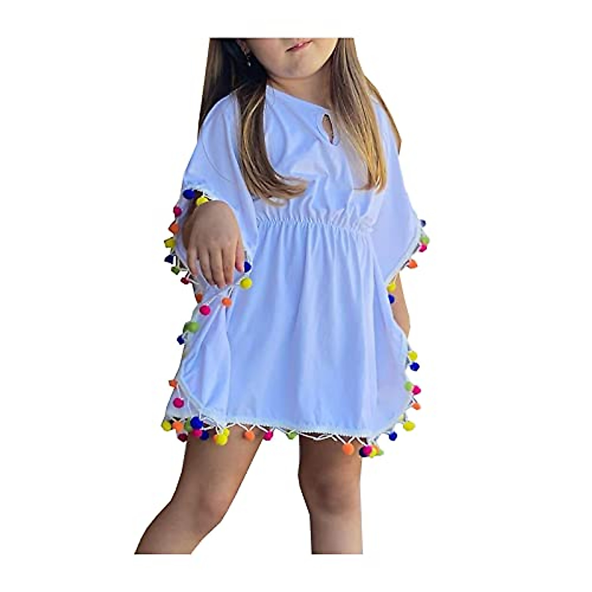 Tiacham Toddler Baby Girls Swimsuit Coverup Beach dresses Tassels Cover Up Pompom Poncho Rash Guards (White, 3-4T)