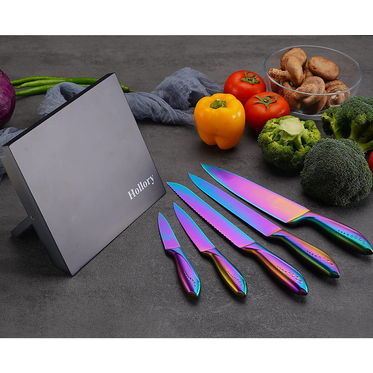 Rainbow Knives Block Set 6 Pieces, Iridescent German High Carbon Stainless Steel Kitchen Knives Pack with Magnetic Knife Display Rack