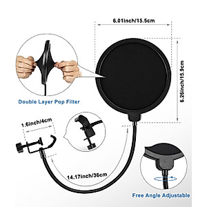 BILIONE Upgraded Desktop Microphone Stand, Adjustable Mic Stand Desk with Pop Filter, Shock Mount, Microphone Clip, 5/8" to 3/8" Metal Screw Adapter