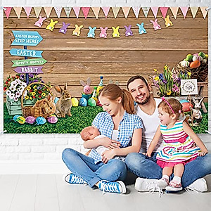 Easter Spring Backdrop Rabbit Road Sign Wooden Wall Photography Background Flowers Grass Easter Props for Photography Flag Bunny Eggs Banner Photo Booth Props Easter Party Decoration, 70.8 x 43.3 Inch