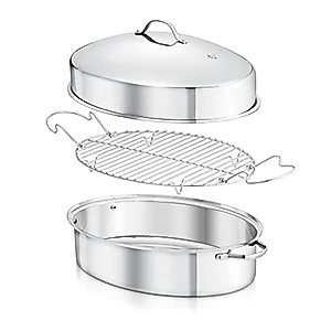 NutriChef Oval Roasting Pan, Roaster with Polished Rack, Wide Handle and Stainless Steel Lid, Turkey Chicken Roasting Pan Great for Dinners, Tender Roast, Deep Dishes, and More