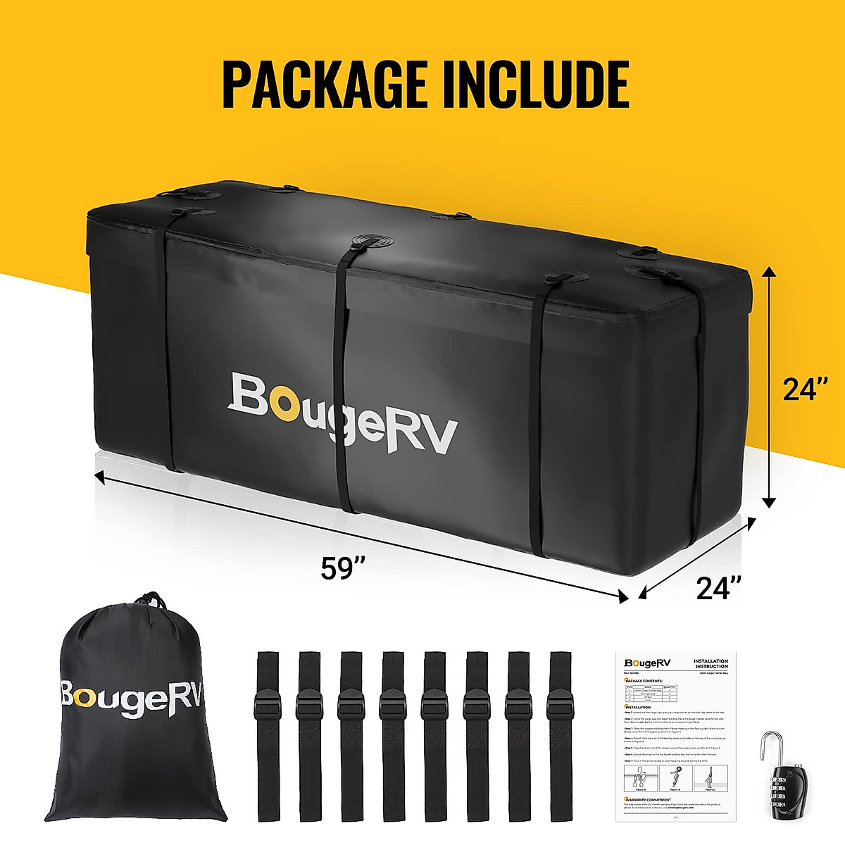 BougeRV Hitch Cargo Carrier Bag with Lock Waterproof Soft Shell 20 Cubic Feet (59" 24" 24") Cargo Bag for Hitch Carrier Include 8 Reinforced Straps for Truck Pickup RV All SUV with Hitch Cargo Basket