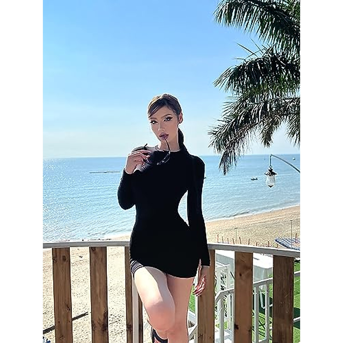 Flutnel 3 Piece Women's Winter Ribbed Dress Round Neck Slim Long Sleeve Bodycon Mini Dresses