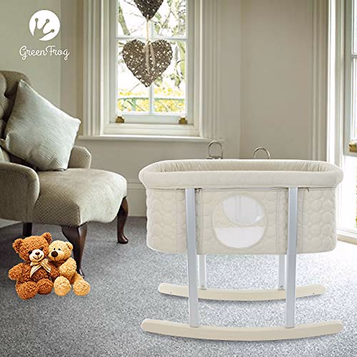 Baby Bassinet Cradle Includes Gentle Rocking Feature, Great for Newborns and Infants Safe Mattress Includes Wheels for Easy Movement High End Washable Fabric Lightweight (Sand)