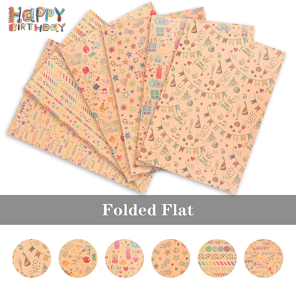 Larcenciel Birthday Wrapping Paper, 6 Sheets Kraft Gift Wrapping Paper, Balloons Cake Happy Birthday Wrapping Paper for Boys, Brown Gift Wraps for All Birthday, Holiday Party-Folded Flat-27.5x19.6inch